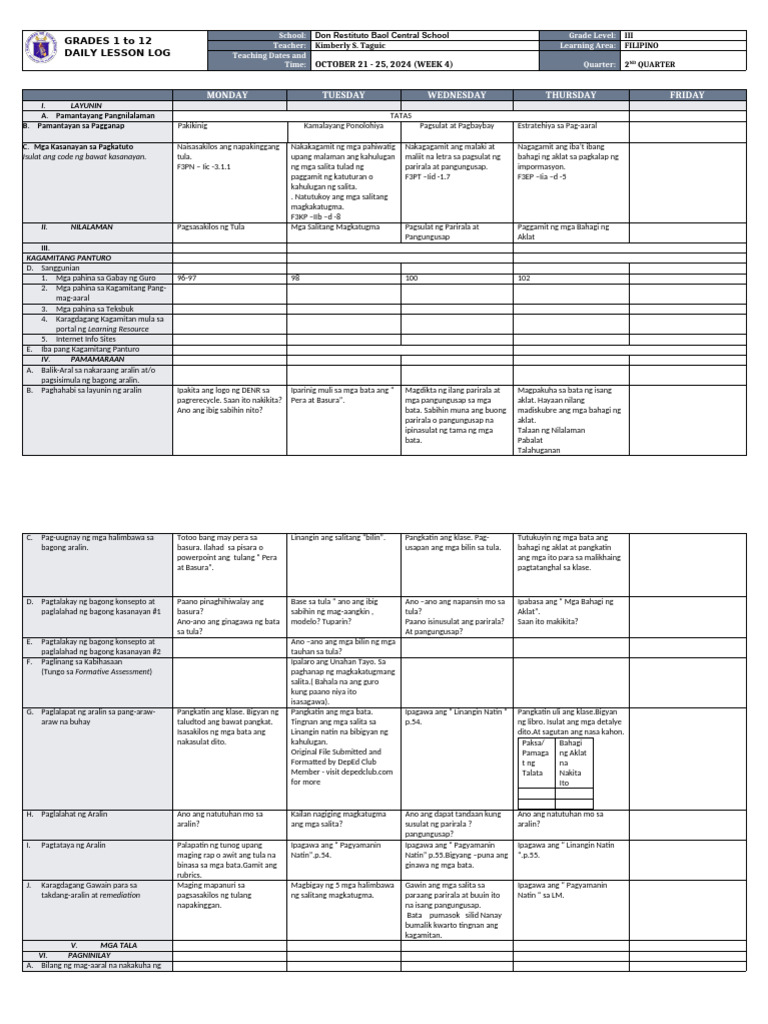 DLL - Filipino 3 - Q2 - W4 | PDF