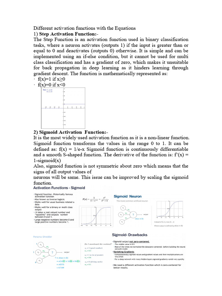 Different activation functions with the Equations | PDF | Artificial Neural Network | Algorithms