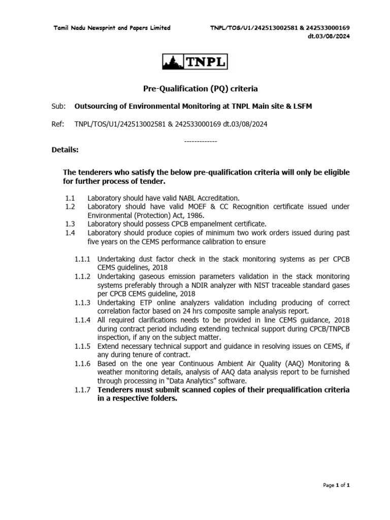 TNPL Environmental Monitoring Tender PQ Criteria | PDF