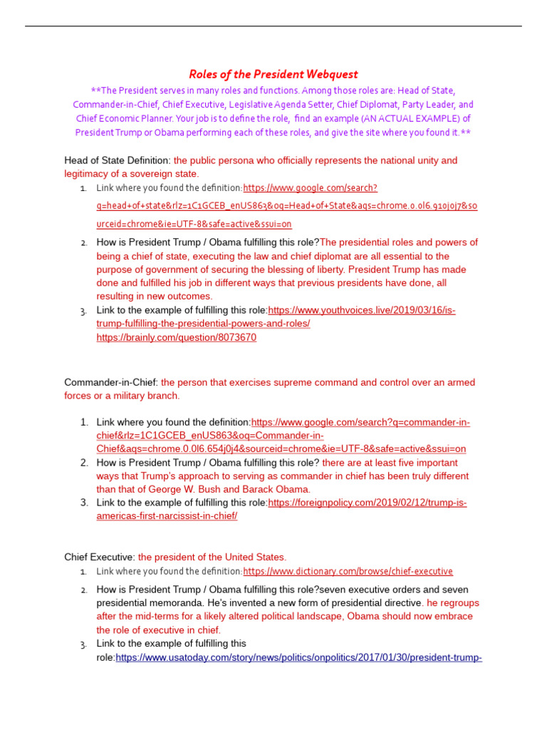 Saebyeol Jeong Roles of The President Webquest | PDF | Presidents Of ...