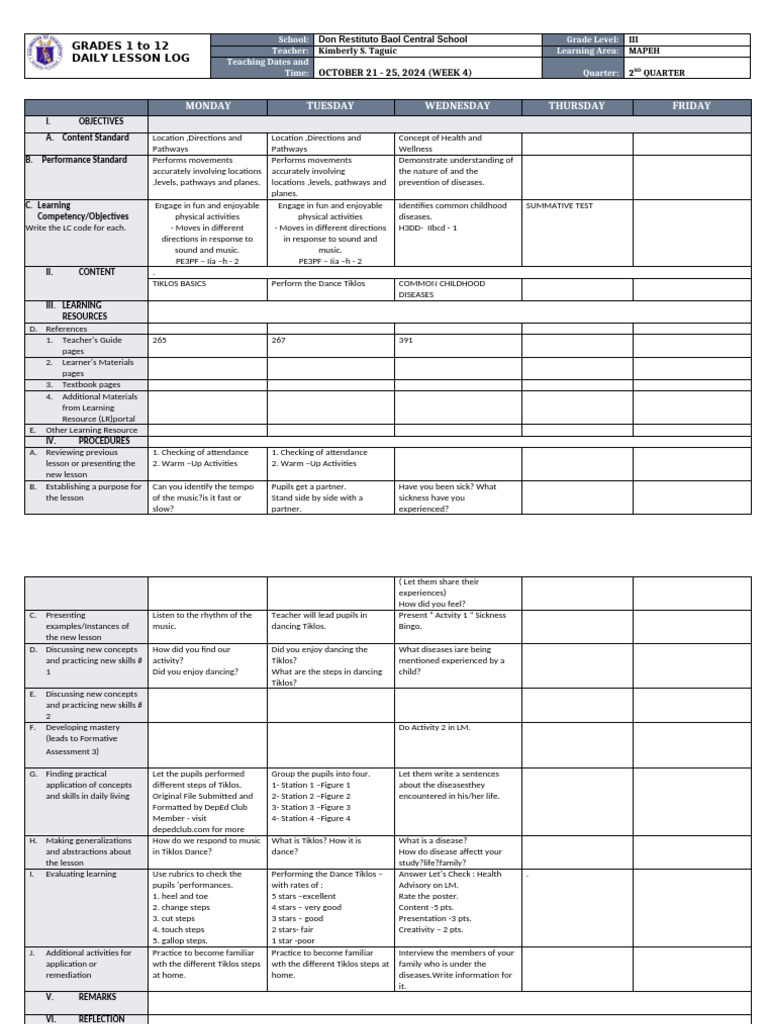 DLL_MAPEH 3_Q2_W4 | PDF | Teachers | Learning