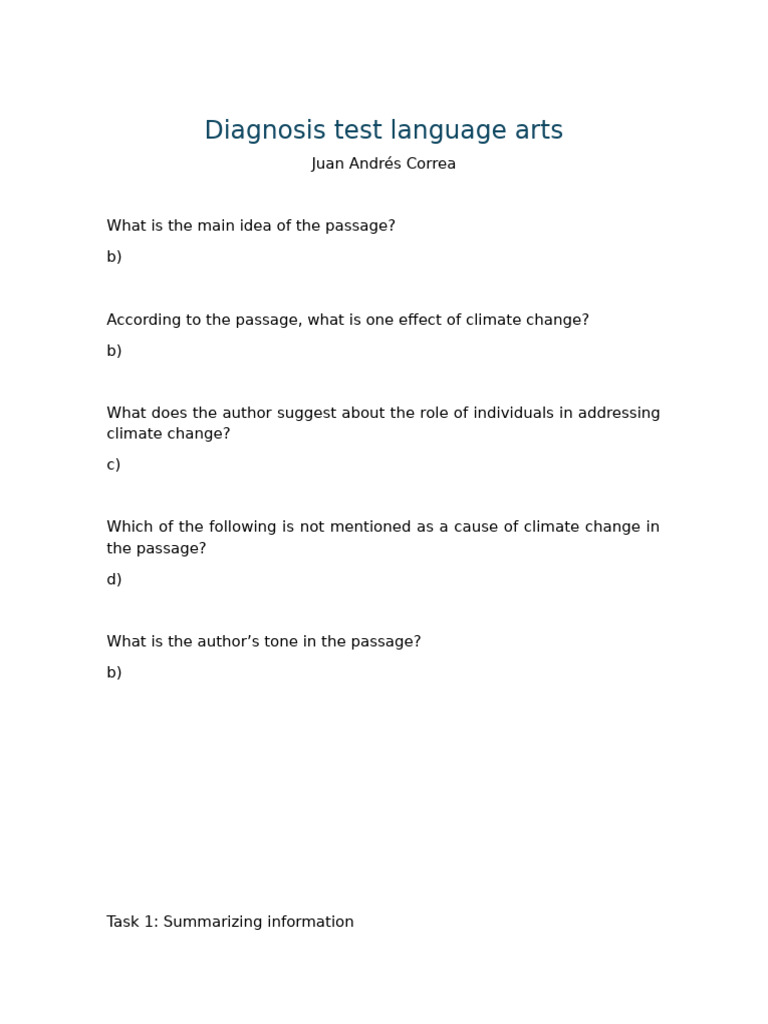 Diagnosis Test Language Arts | PDF | Climate Change | Renewable Energy