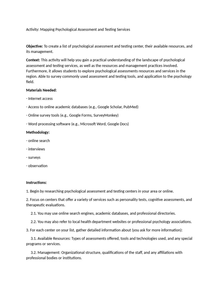 Psychological Assessment Services Mapping | PDF | Psychology ...