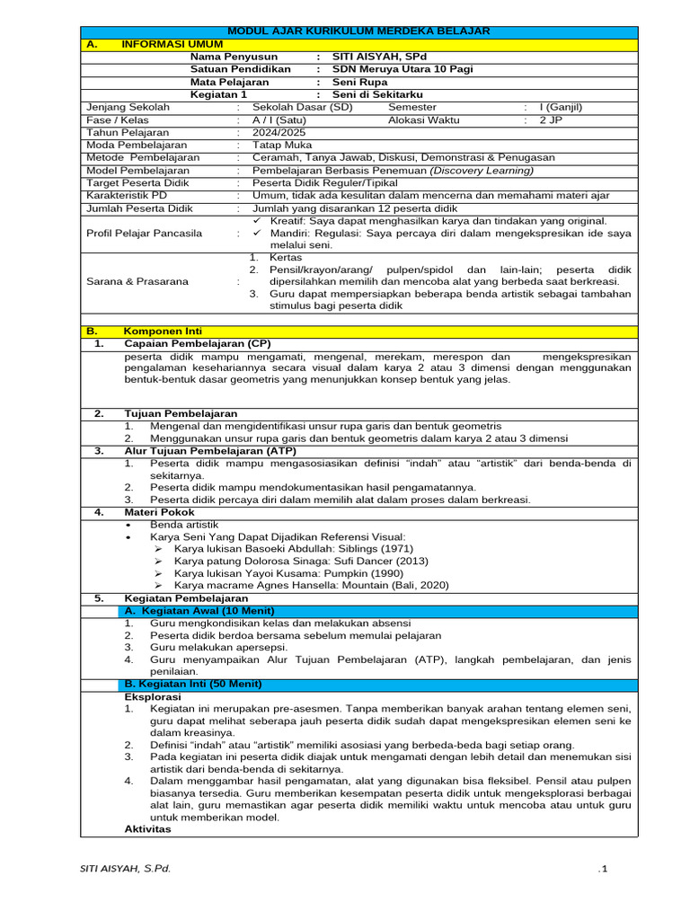 Modul Seni Rupa Kls 1 Sms 1 | PDF | Seni | Sains & Matematika