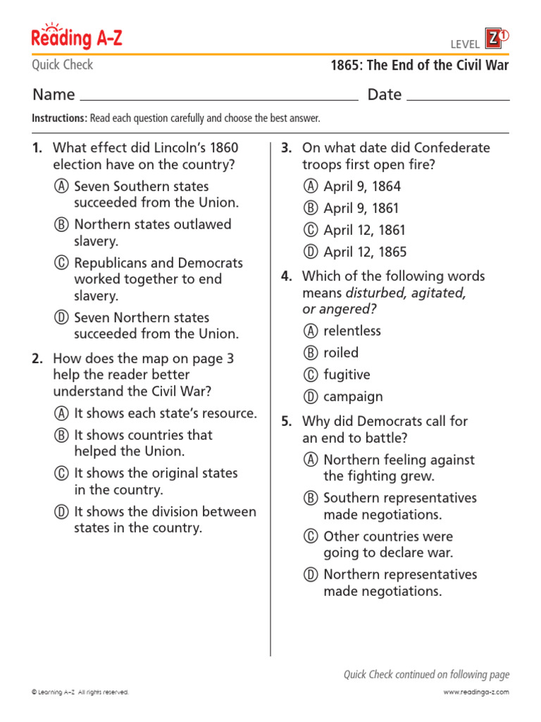 Civil War Quick Check Questions | PDF | American Civil War | Union ...