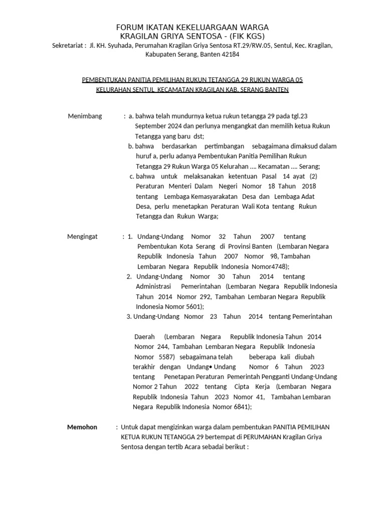 Pembentukan Panitia Pemilihan Rukun Tetangga 29 Rukun Warga 05 | PDF
