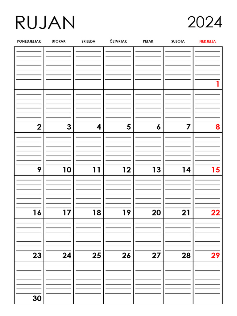 Okomiti Kalendar Rujan 2024 | PDF