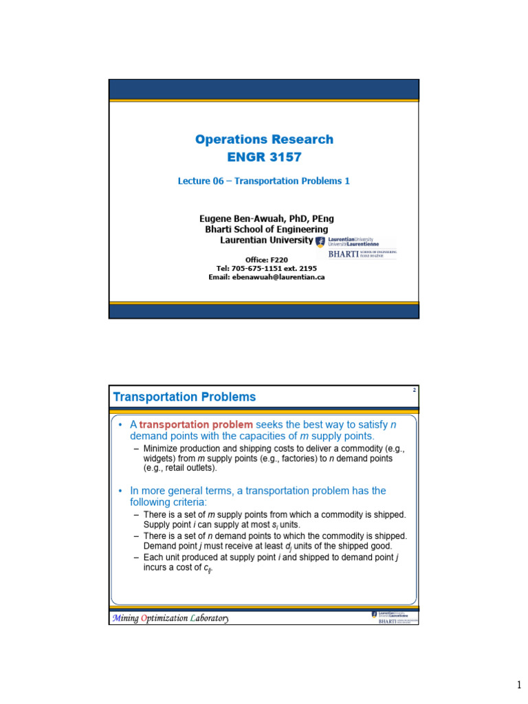 ENGR 3157-Operations Research-Lecture 06-TransportationProblems1 | PDF | Mathematical ...