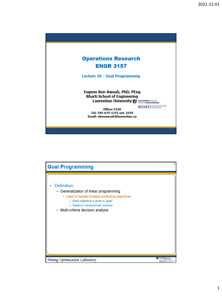 ENGR 3157-Operations Research-Lecture 10-GoalProgramming | PDF | Linear ... ENGR 3157-Operations Research-Lecture 10-GoalProgramming | PDF | Linear ...