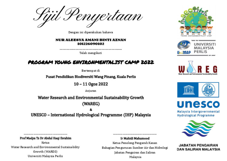 Sijil Yec 2022 Nur Aleesya Amani Binti Aznan | PDF