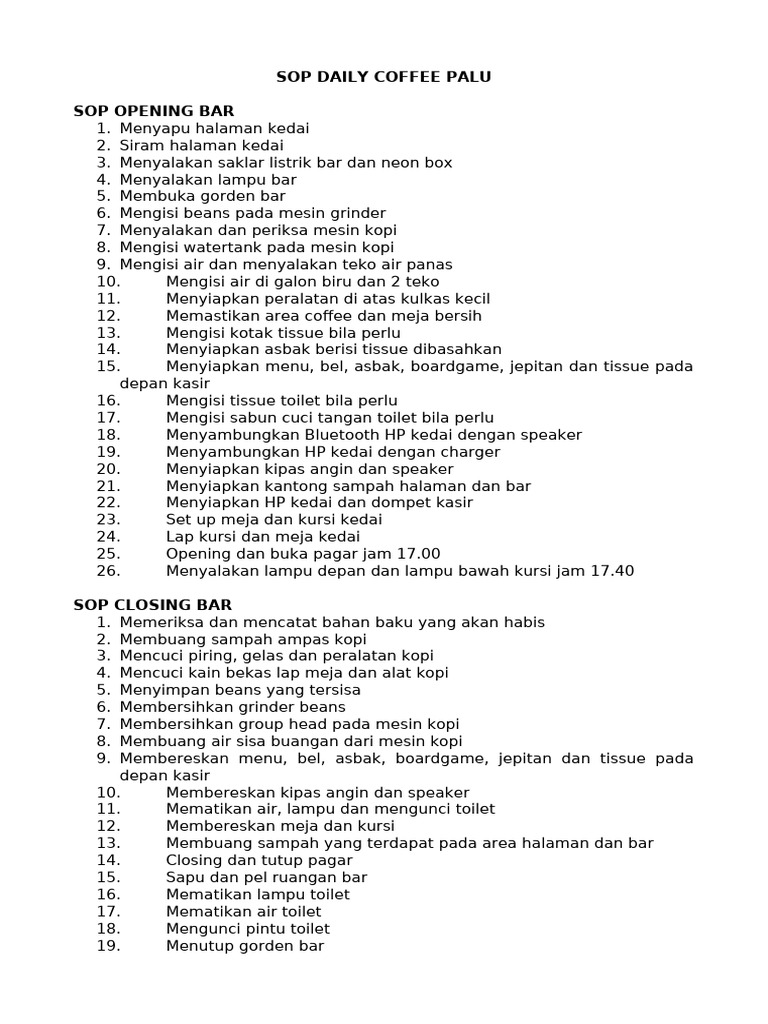 Sop Daily Coffee Palu | PDF | Griya & Taman