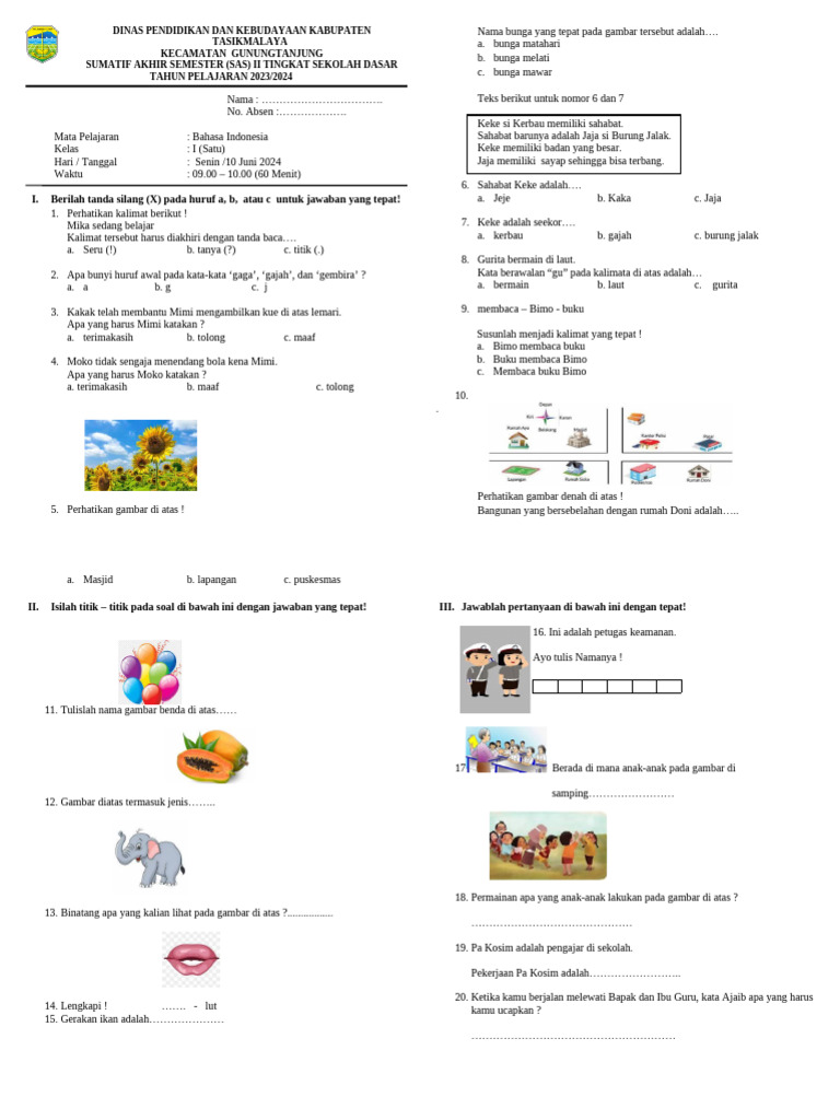 SOAL SAS Bahasa Indonesia Kelas 1 | PDF