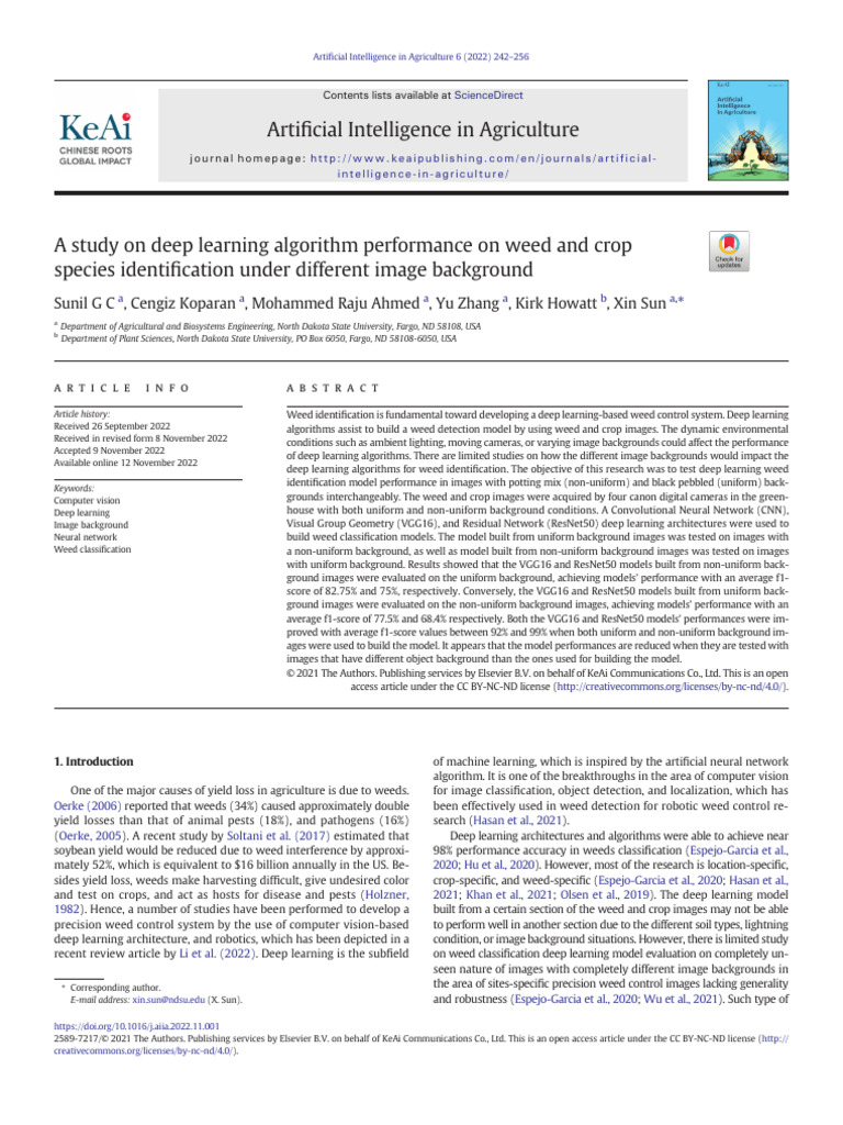 A Study On Deep Learning Algorithm Performance On Weed - 2022 - Artificial Intel | PDF | Deep ...