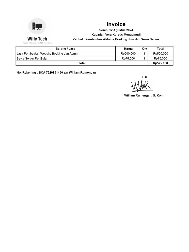 Invoice Vera Kursus- 12 Agustus 2024 - Invoice | PDF