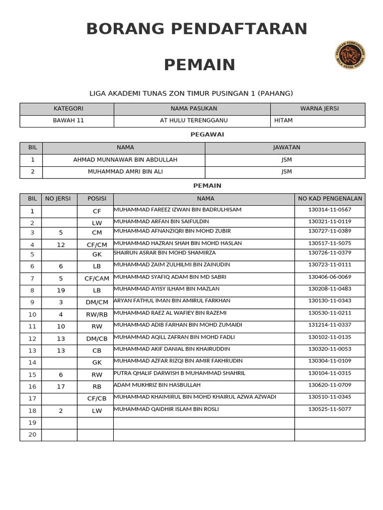 Borang Pendaftaran Pemain | PDF
