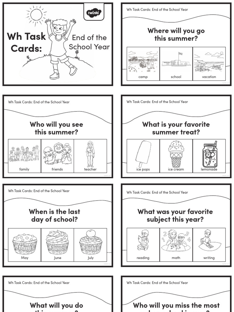 BW End of The School Year WH Task Cards For Special Education | PDF