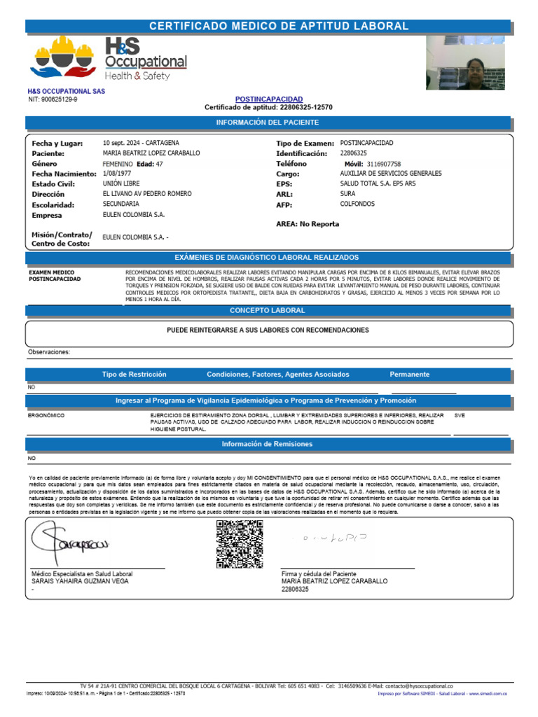 Certificado Medico de Aptitud Laboral: Paciente: Teléfono ...