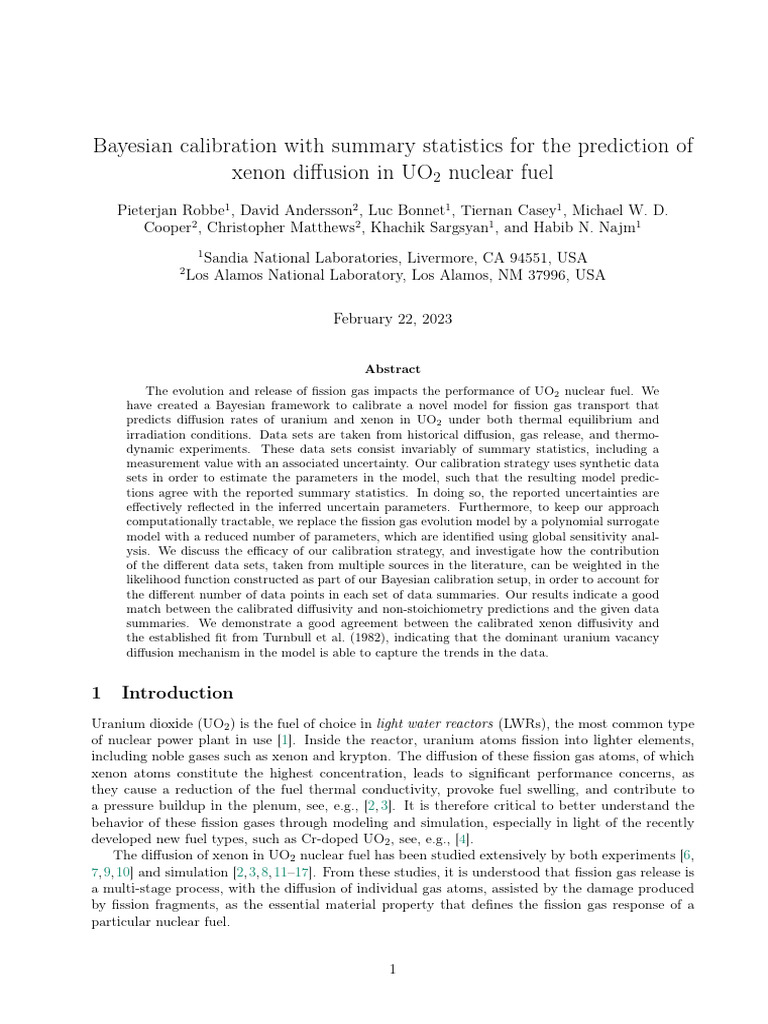 Bayesian Calibration With Summary Statistics For The Prediction of Xenon Diffusion in UO Nuclear ...