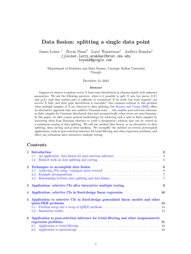 Data Fission: Splitting A Single Data Point: James Leiner Boyan Duan ...