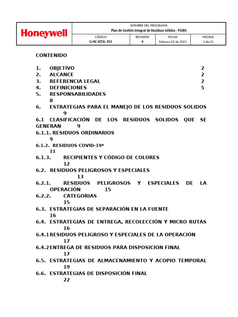 G-HC-SSTA-015 Plan de Gestion Integral de Residuos Solidos - PGIRS (V4_2021) | PDF | Residuos ...