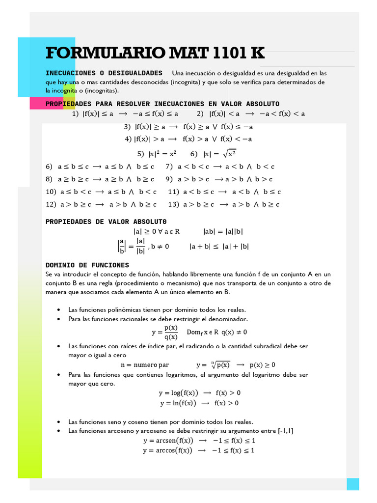 Formulario Inecuaciones o Desigualdades | PDF