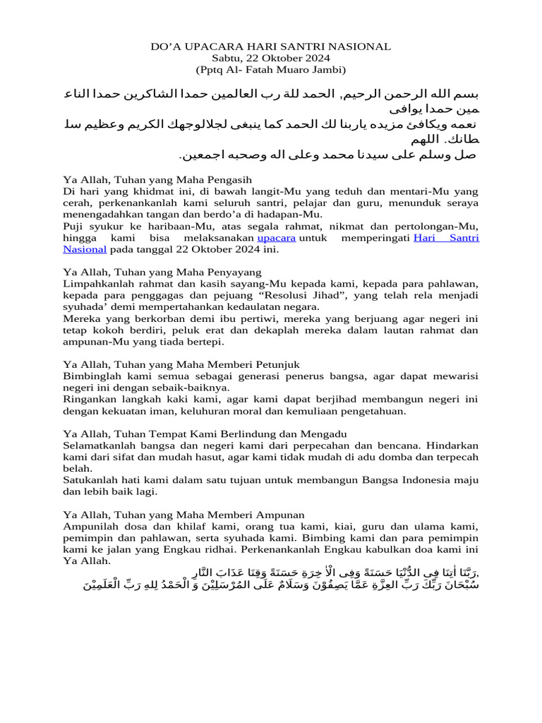 Teks Doa Hari Santri 2024 | PDF