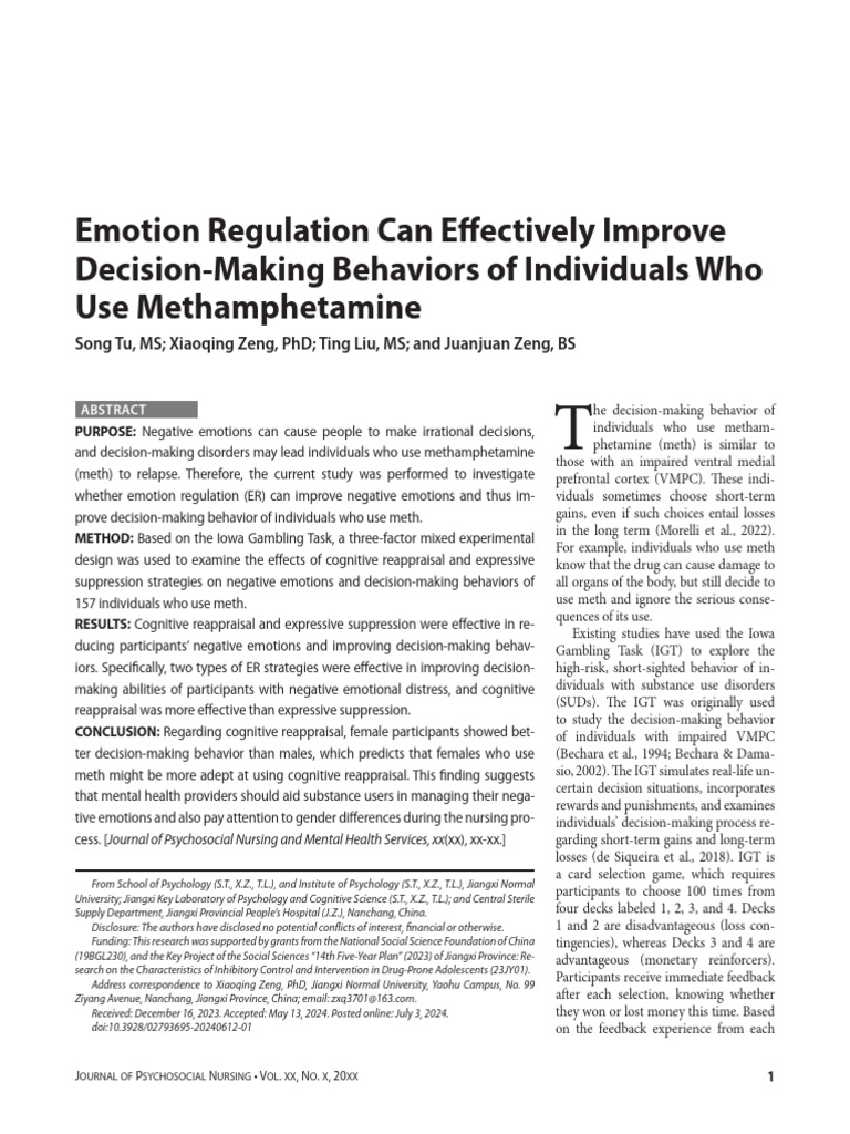 Emotion Regulation Can Effectively Improve Decision-Making Behaviors of Individuals Who Use ...