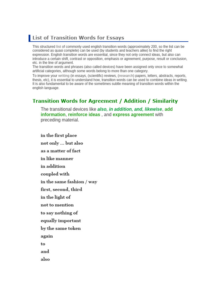 List of Transition Words | PDF | Grammar | Linguistics