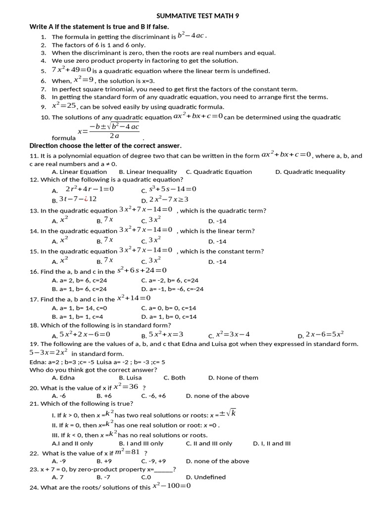 PT - MATHEMATICS 9 - Q1 | PDF | Quadratic Equation | Equations