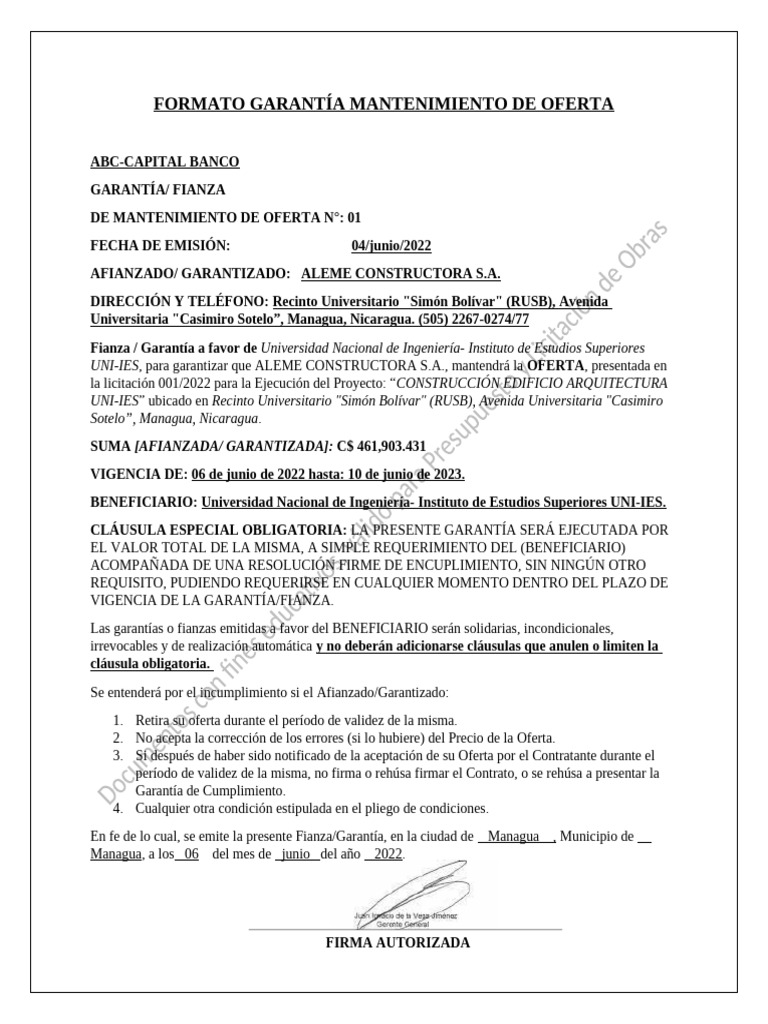 Garantía de Oferta para Proyecto UNI-IES | PDF
