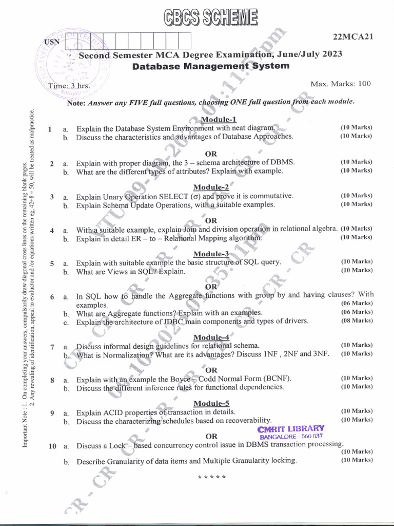VTU Question Paper of 22MCA21 Database Management System June-July-2023 ...
