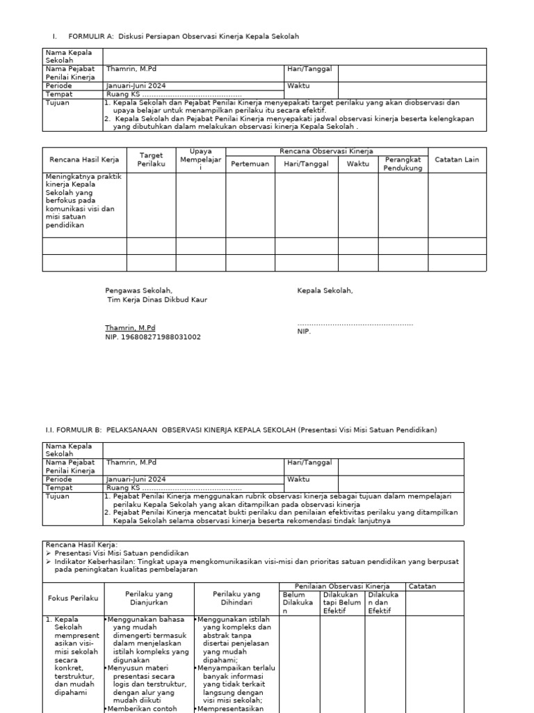 Instrumen Observasi Kinerja Kepsek Di PMM, Thamrin | PDF | Karier & Perkembangan | Seni