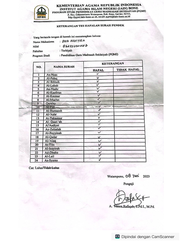 Keterangan Tes Hafalan | PDF