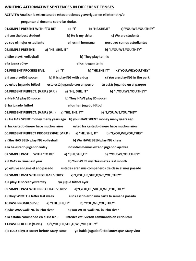 Writing Affirmative Sentences in Different Tenses | PDF | Semantic ...