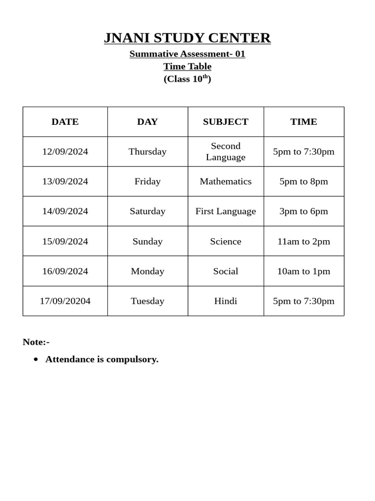 SA-1 Time Table | PDF
