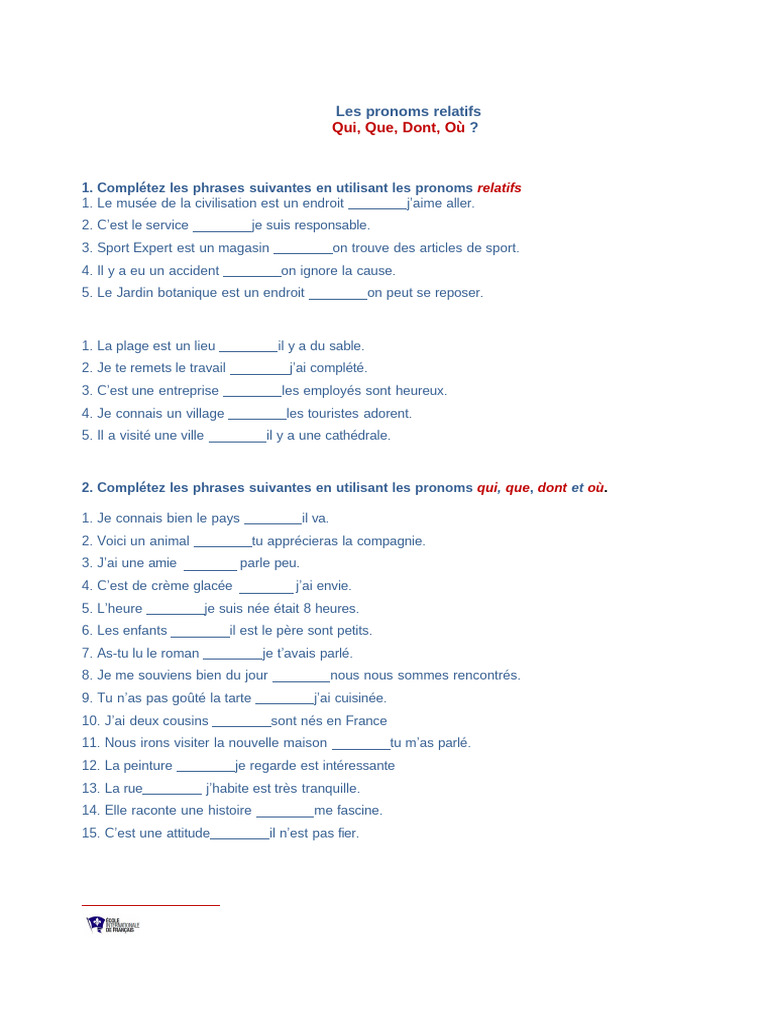 Exercices sur les pronoms relatifs | PDF