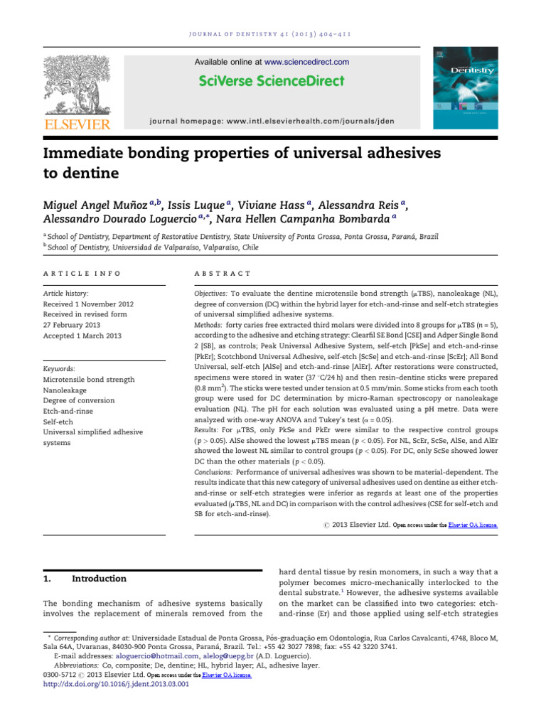 Immediate Bonding Properties of Universal Adhesives To Dentine | PDF ...