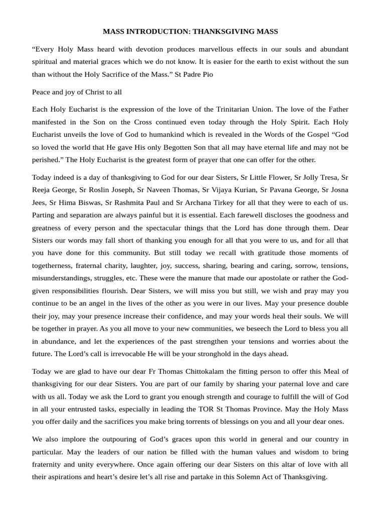 Mass Intro Thanksgiving Mass | PDF | Eucharist | Mass (Liturgy)