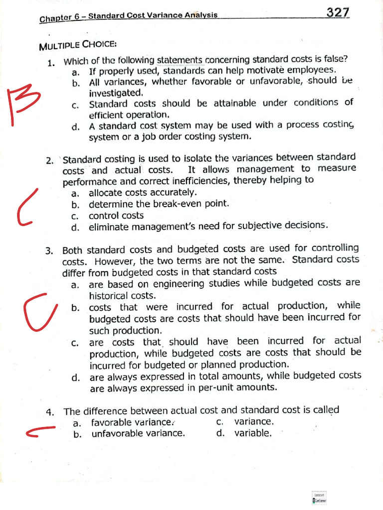 Sba Standard Cost Variance Analysis Questionnaire With Answers