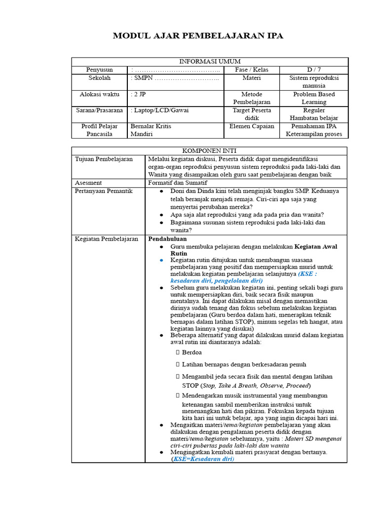 Contoh RPP Diferensiais Dan KSE | PDF | Karier & Perkembangan | Sains ...