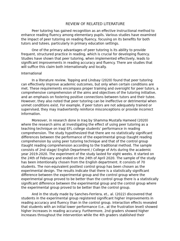 Peer Tutoring's Impact on Reading Skills | PDF | Reading Comprehension ...