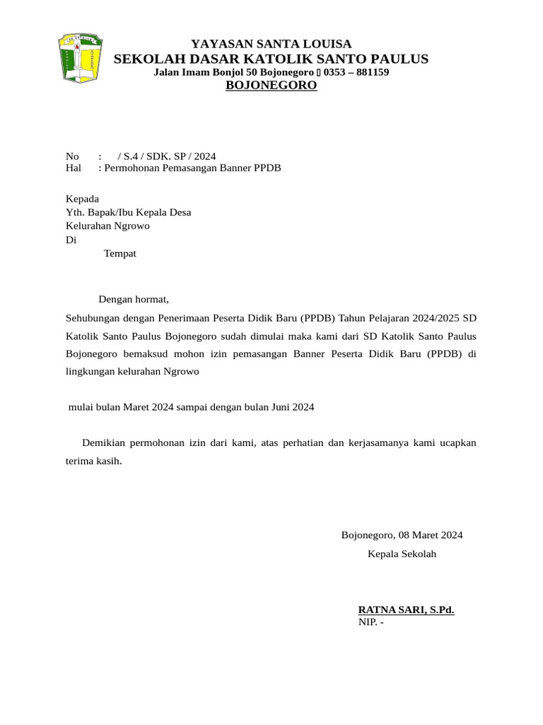 Permohonan Izin Pemasangan Banner PPDB | PDF