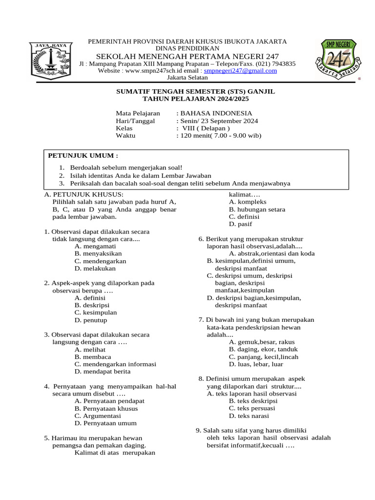 Rina Soal Sts B.indo Ini Semester Ganjil 2024 | PDF