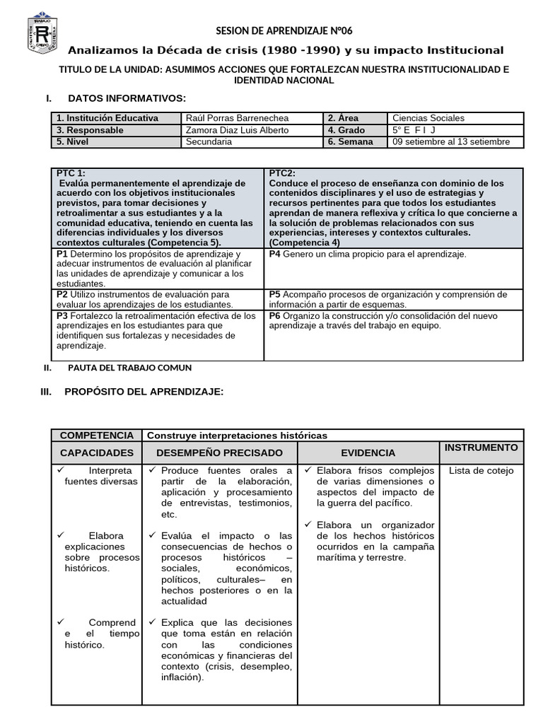 Sesion de Aprendizaje N°05 - CCSS - 5° - La Decada de Crisis - Iii Bim | PDF | Aprendizaje ...