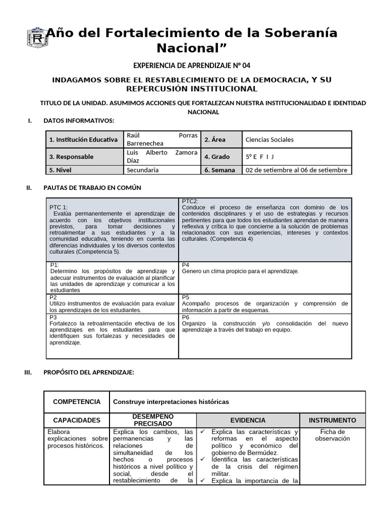 Sesion de Aprendizaje N°04 - CCSS - 5° Año | PDF | Perú