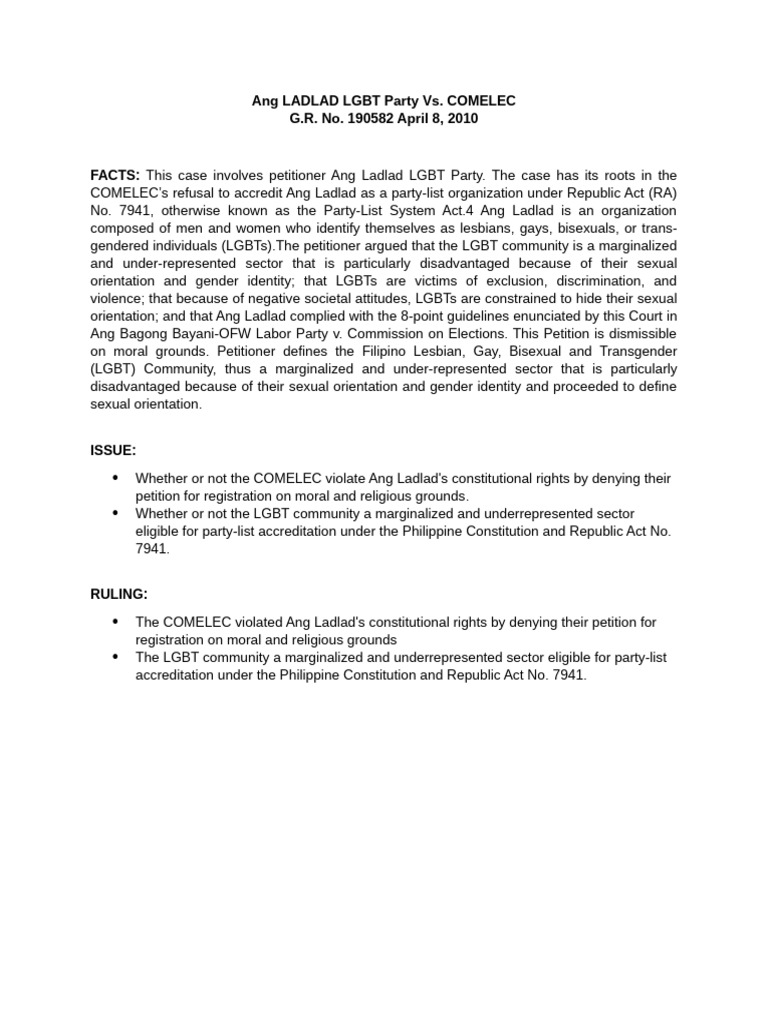Ang LADLAD LGBT Party vs. COMELEC | PDF