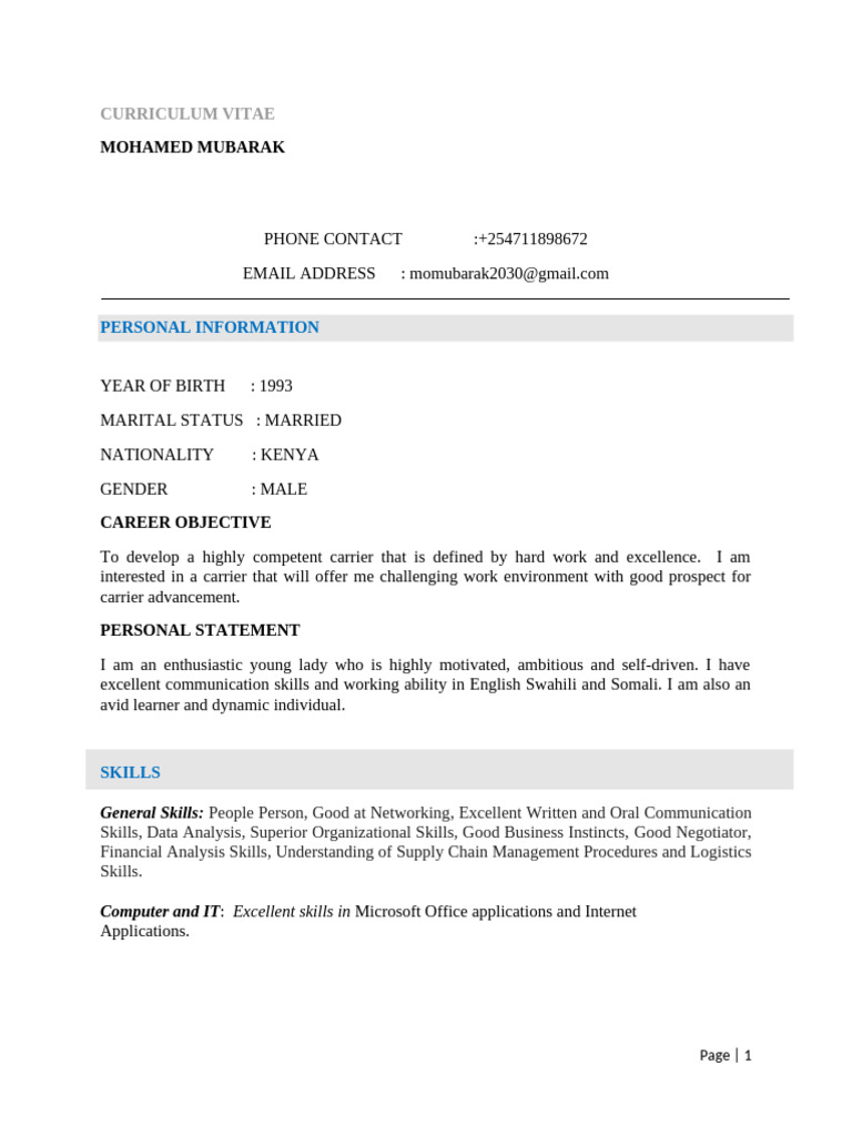 Mohamed Mubarak's Professional CV | PDF | Procurement | Kenya