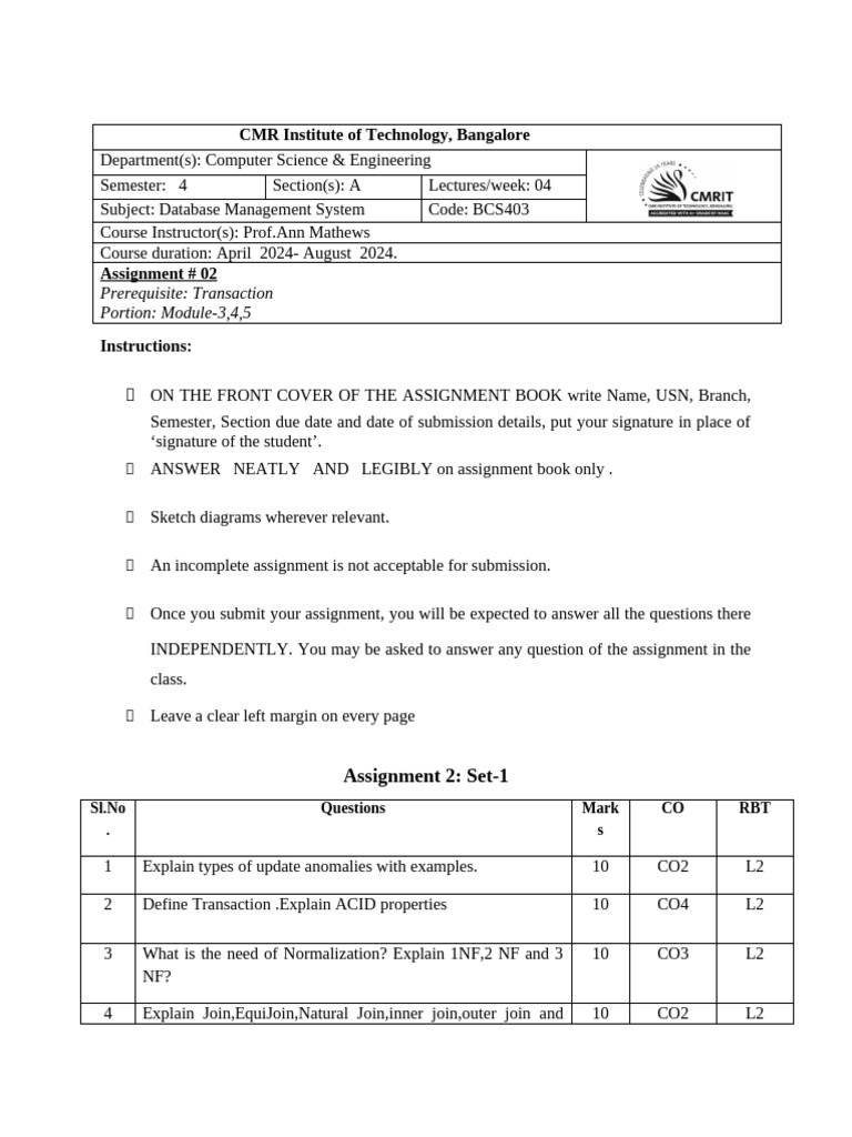 BCS403 - DBMS - Assignment2 (3 Sets) | PDF | Databases | Concurrency (Computer Science)