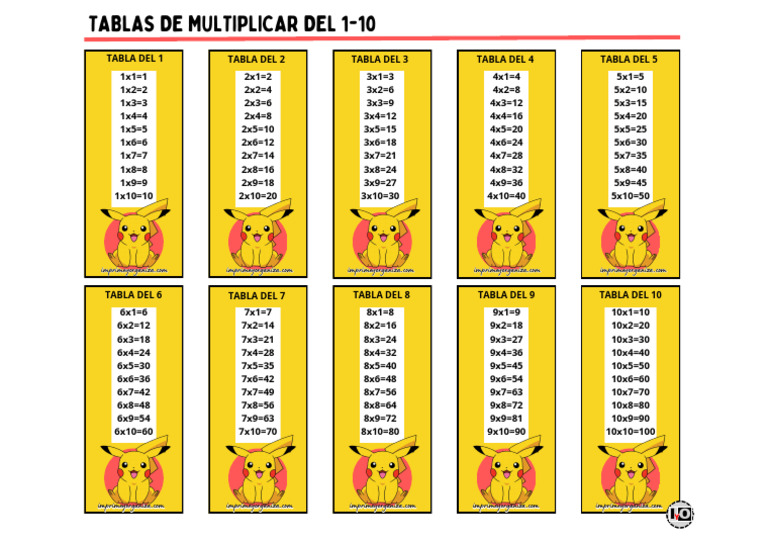 Tablas de Multiplicar 1 10 Pikachu | PDF