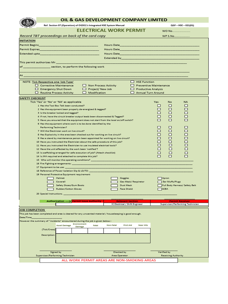 High Voltage Electrical Work Permit | PDF | Personal Protective ...